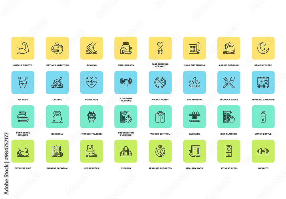 Vector set of fitness and workout flat line web icons. Each icon with ...