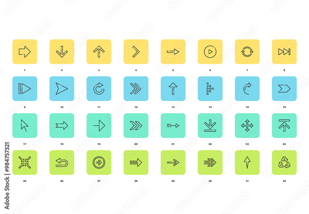 Vector set of arrows flat line web icons. Each icon with adjustable ...