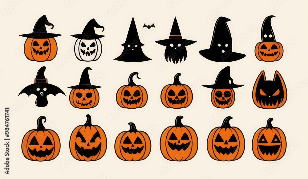 Classic Halloween Icons: A set of simple, flat icons featuring classic ...