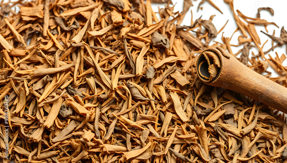 Background from dried tobacco shag for cigarettes and a smoking pipe ...