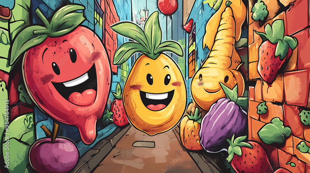 Cartoon cute doodles of smiling fruits and vegetables painting graffiti ...