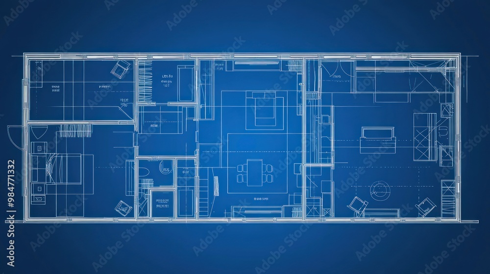 A detailed blueprint of a modern house layout showcasing rooms and ...