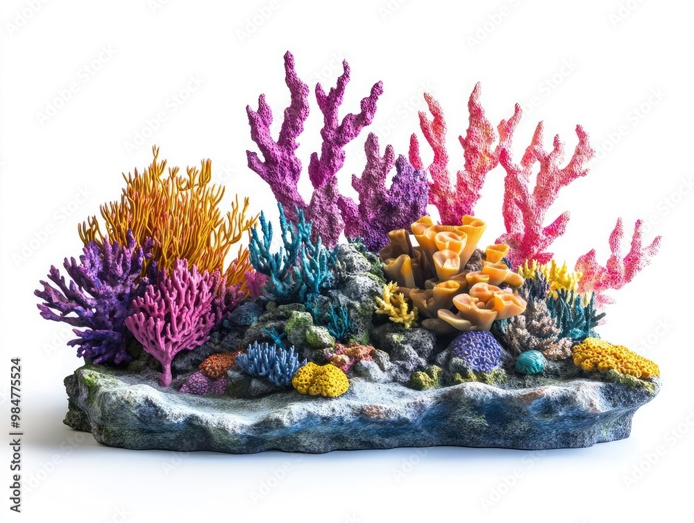 vibrant coral reef diorama emerging from crisp white background in 3d ...
