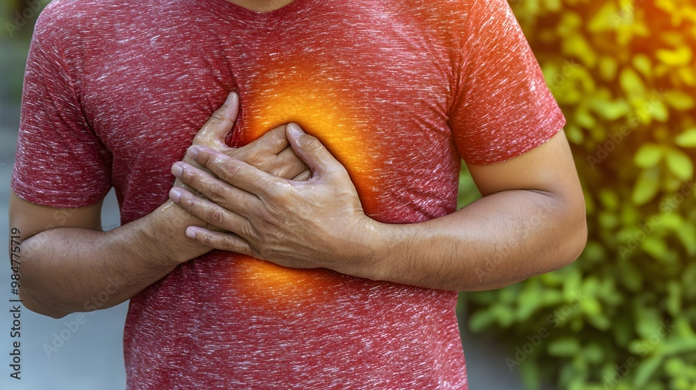Angina Pain: A person clutching their chest in discomfort, beads of ...