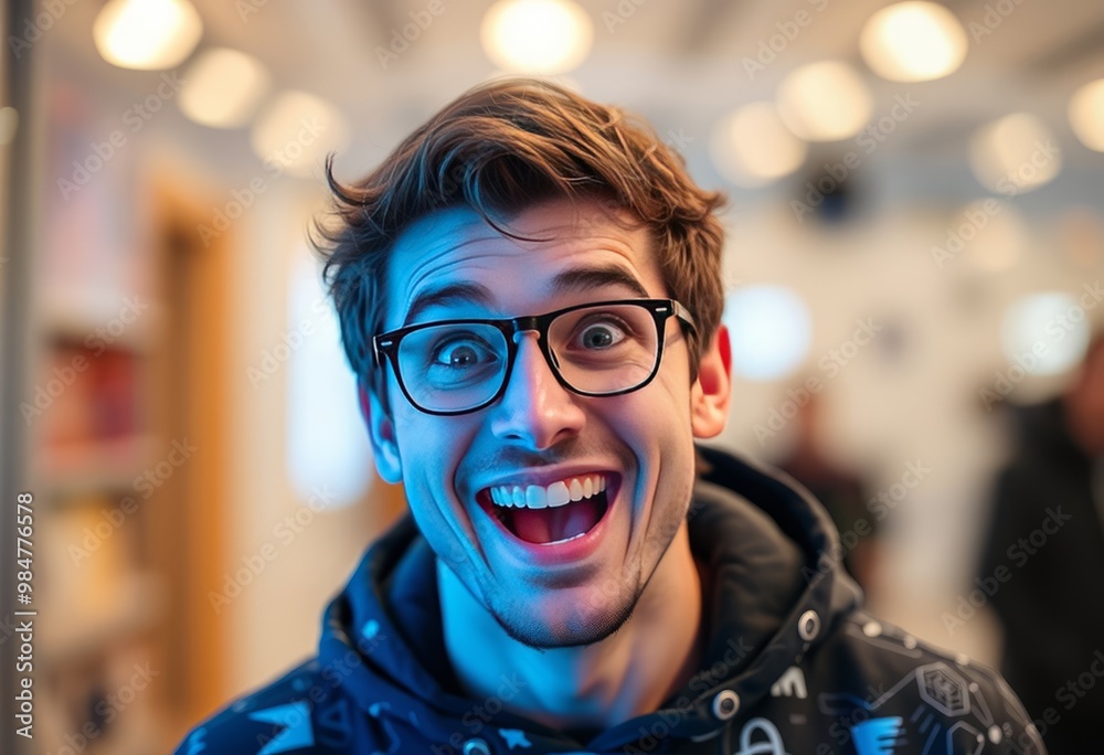 Tech Innovator's Excited Smile A man in his s with an excited sm Stock ...