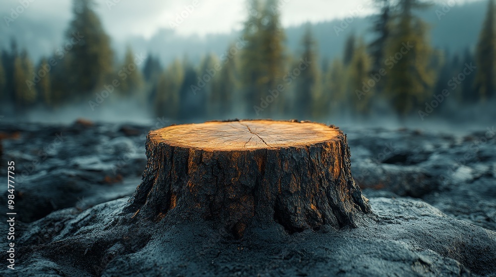 Tree stump in the middle of a deforested area, symbolizing the loss of ...