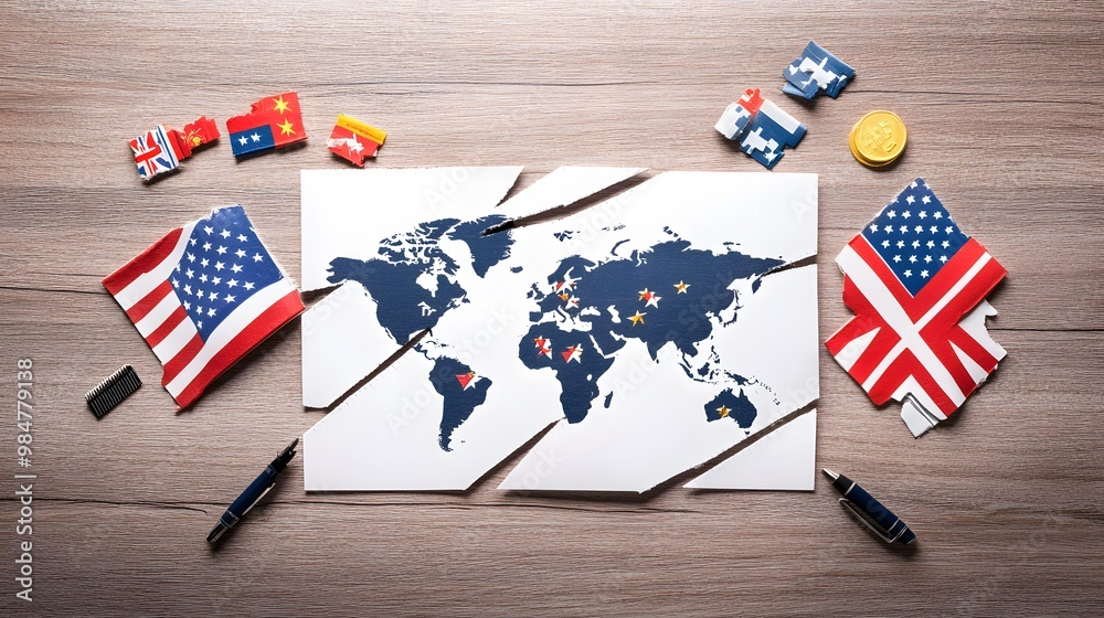 Explore global connections with this world map, featuring flags and ...