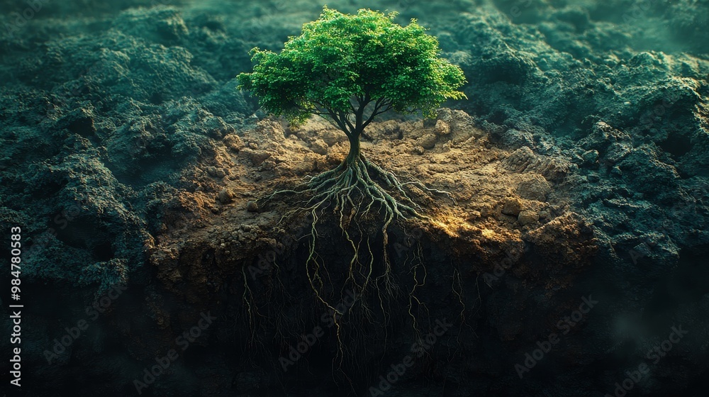 Earth cracking apart with roots growing through the fissures ...