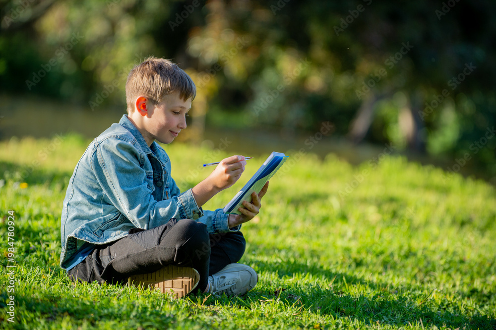 Happy student with a textbook in his hands is sitting on a green lawn ...