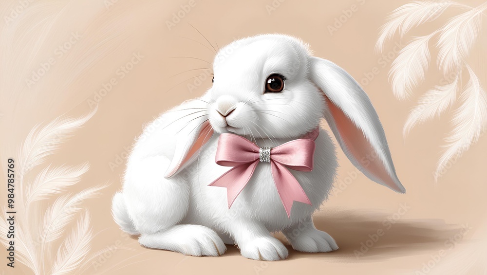 snow-white rabbit with a soft, fluffy texture, wearing a delicate pink ...