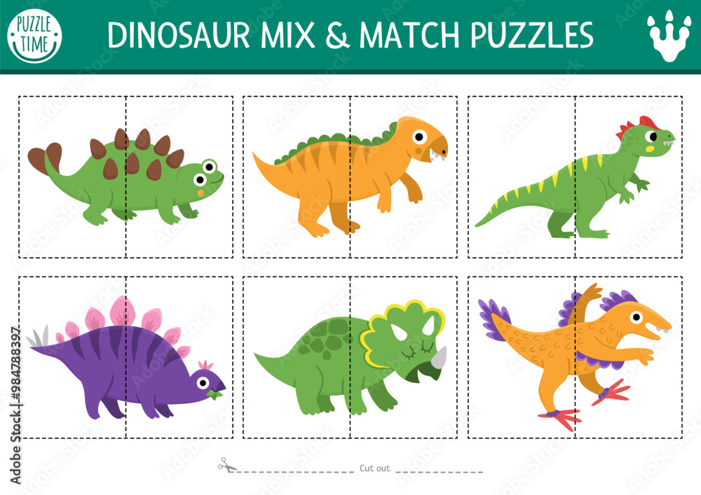 Vector dinosaur mix and match puzzle with cute ancient animals ...