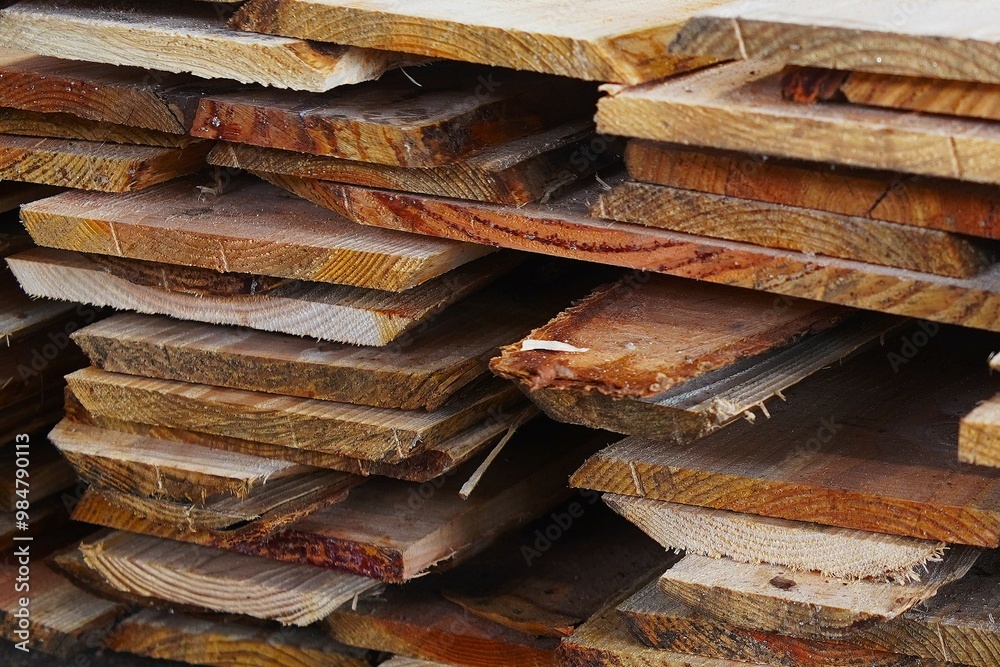 Rows of planks, close-up. Stacked on top of each other, each with ...