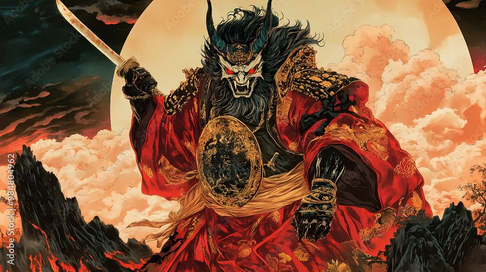 Fearsome japanese demon king wielding ornate crimson robes and powerful ...