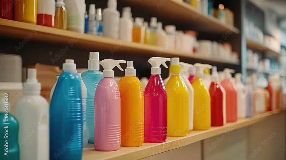 Colorful cleaning bottles neatly arranged on a shelf, showcasing a ...