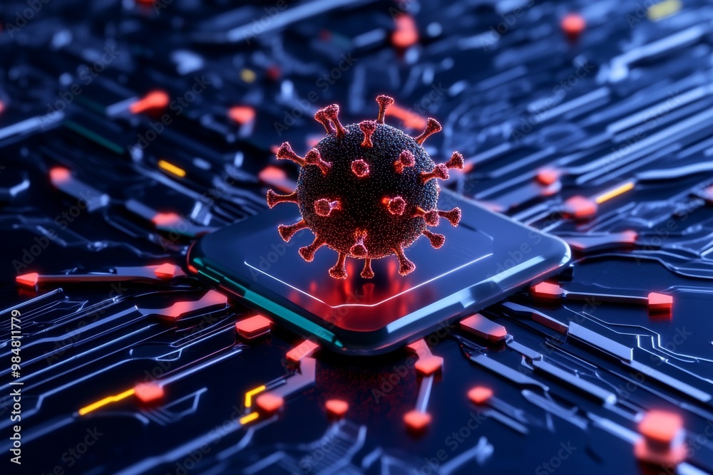 Cyberattack using a botnet virus, visualized with clean, simple shapes ...