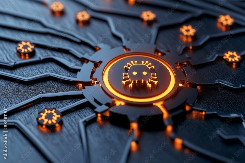 Cybersecurity breach from botnet, depicted in a minimalist style with ...