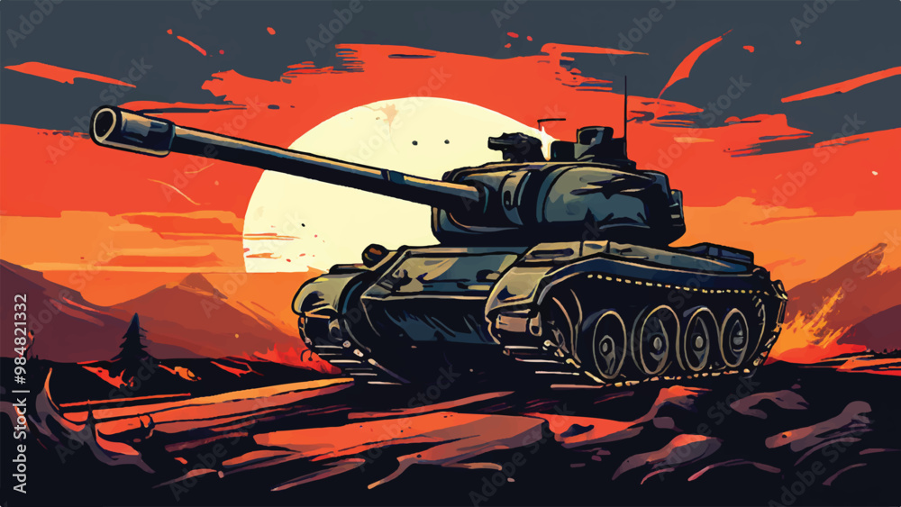 Illustration of a Army tank on battlefield. A Battlefield Landscape ...
