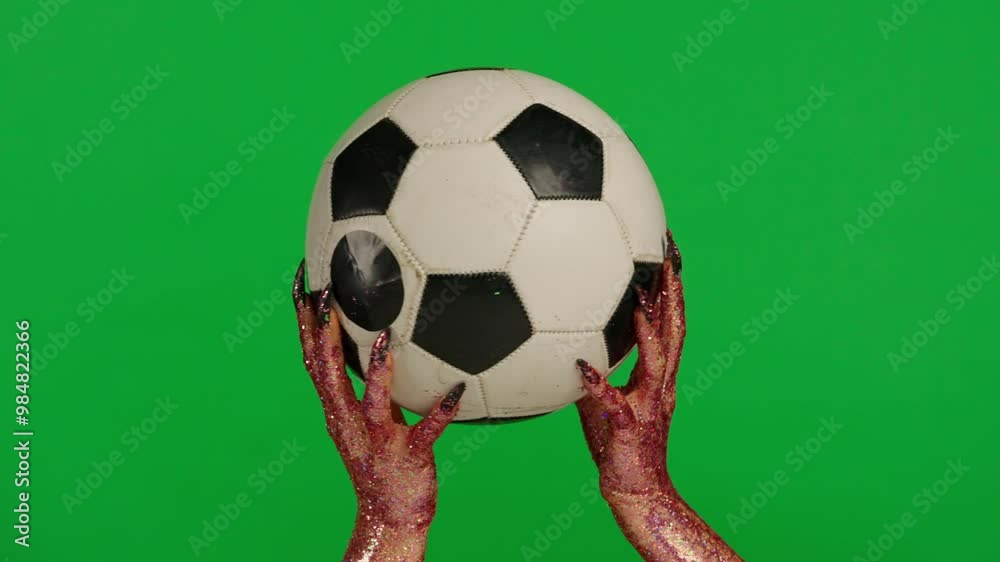 Creepy halloween monster hand in glitter slime and nails holding ...