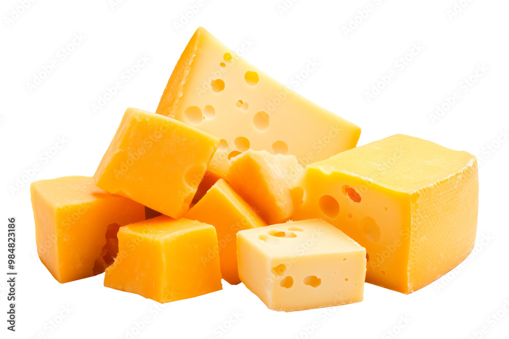 Several yellow Cheddar cheese cubes isolated on a white transparent ...