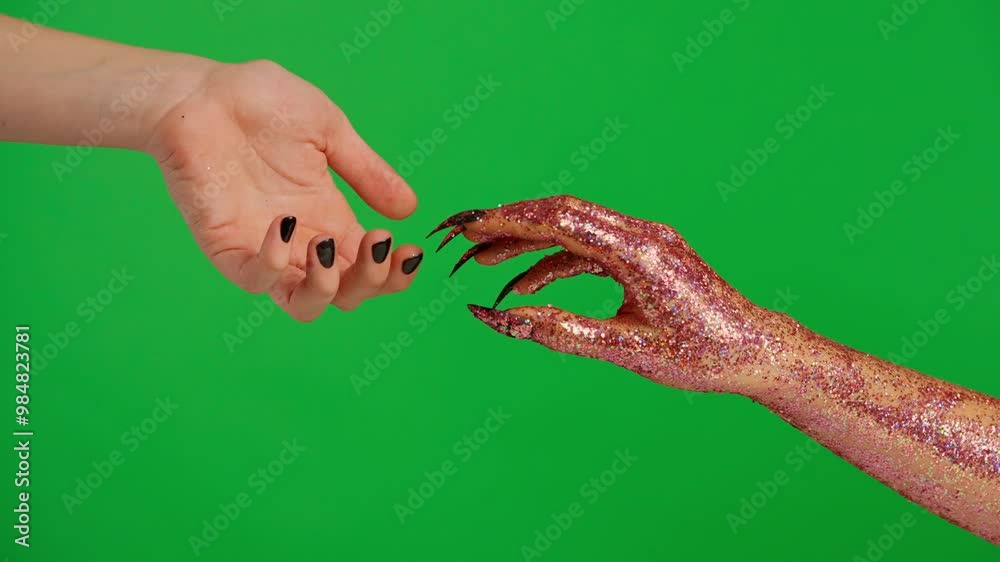 Creepy halloween monster hand in glitter slime and nails touching ...