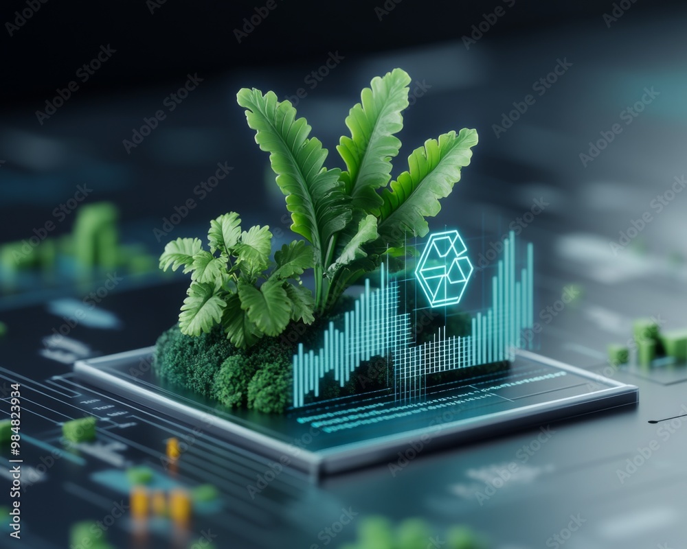 Futuristic technology integration with nature. Digital data and ...