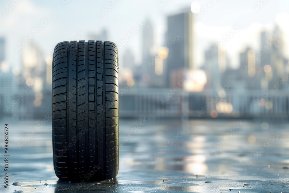 car tire standing upright, detailed texture of the rubber, modern urban ...