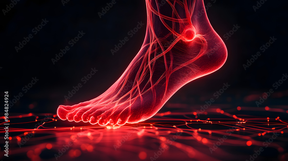 Glowing red nerve lines spreading from feet on dark gradient background ...