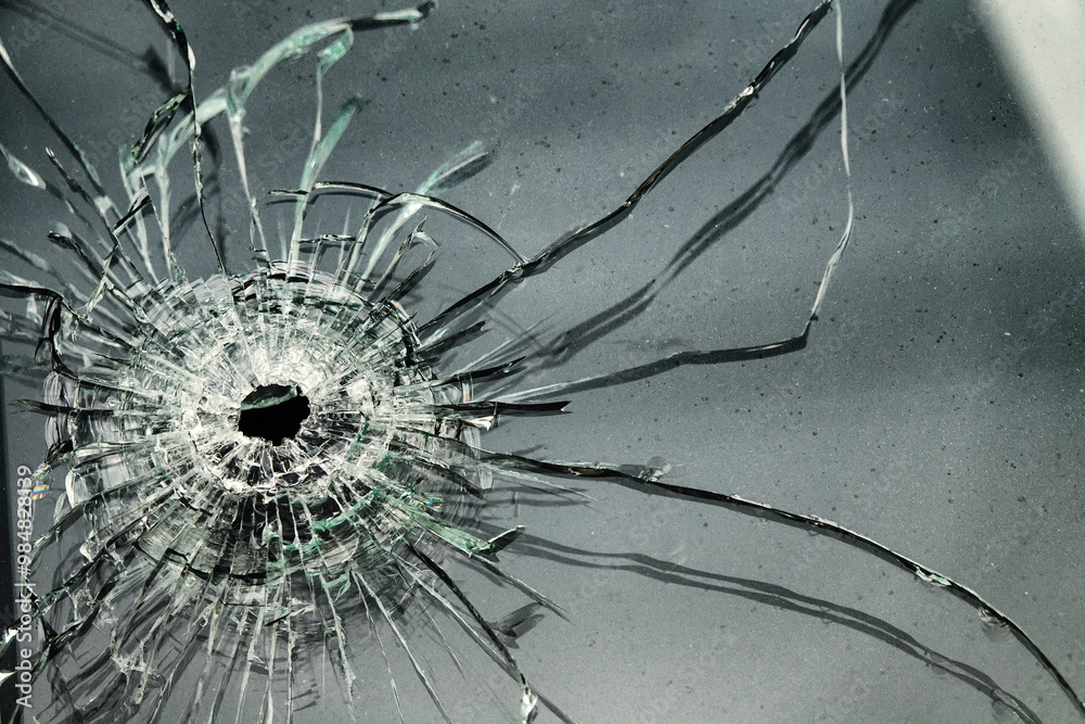 Bullet hole is in double pane of glass. Web of cracks, old web of spider debris is stirring in ...