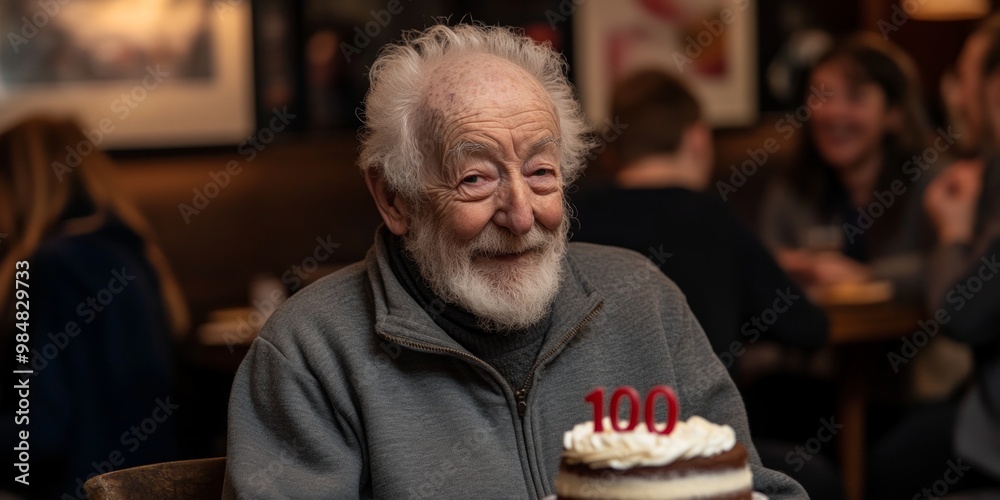 Happy centenarian celebrating his 100th birthday with a cake. He smiles ...