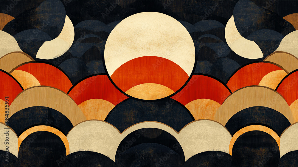 Day Meets Night, a repetitive design of overlapping sun and moon half ...