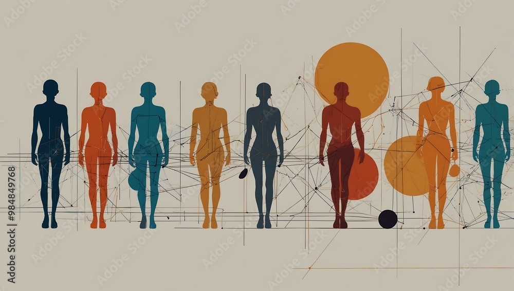 Minimalist line art of abstract human figures and geometric shapes ...