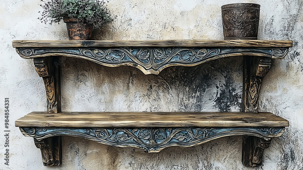 Rustic wooden shelves with intricate carvings and a weathered finish ...