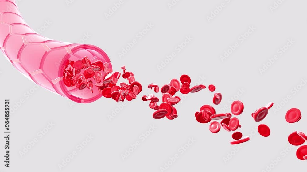 3D animation of glass artery or vein with the movement of red blood ...