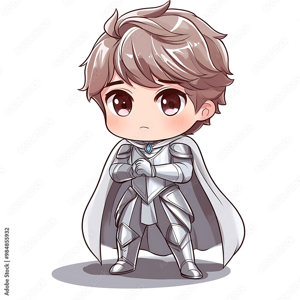 Cute chibi anime boy knight in silver armor and white cape illustration ...