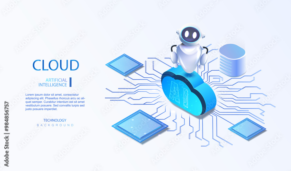Cloud ai technology. Cloud storage for data transmission in isometric ...
