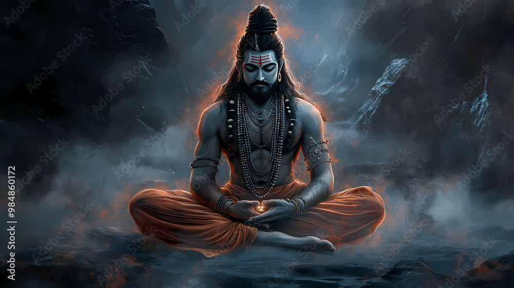 Realistic illustration of hindu god mahadev meditation, har har mahadev ...
