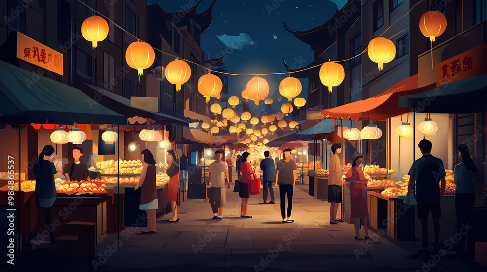 Night market scene in chinatown area, people shopping on street stall ...