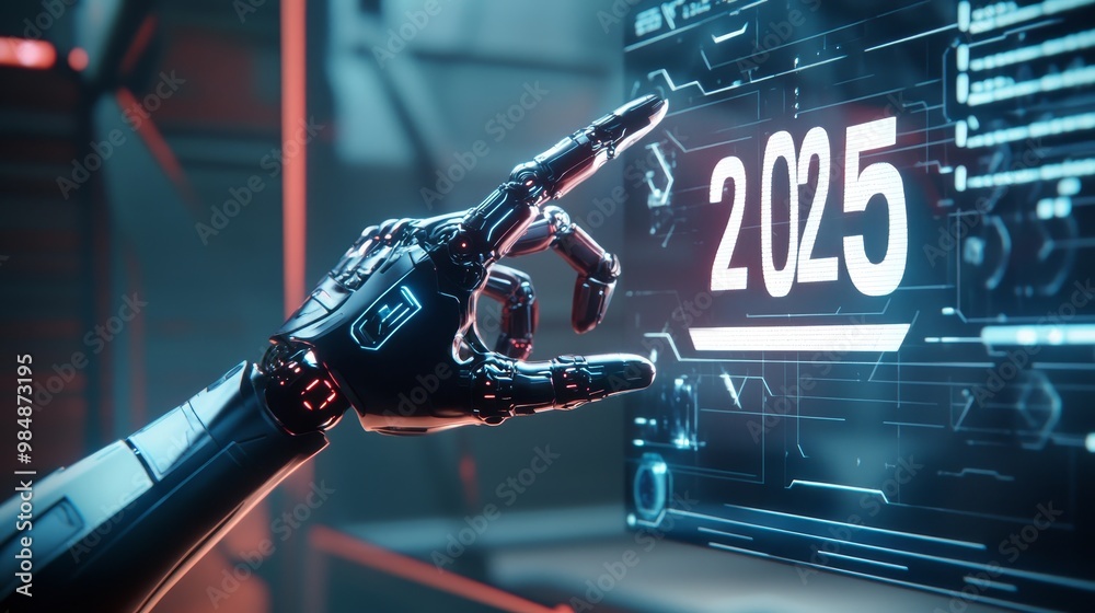 A robotic hand interacts with a digital screen displaying the year 2025 ...