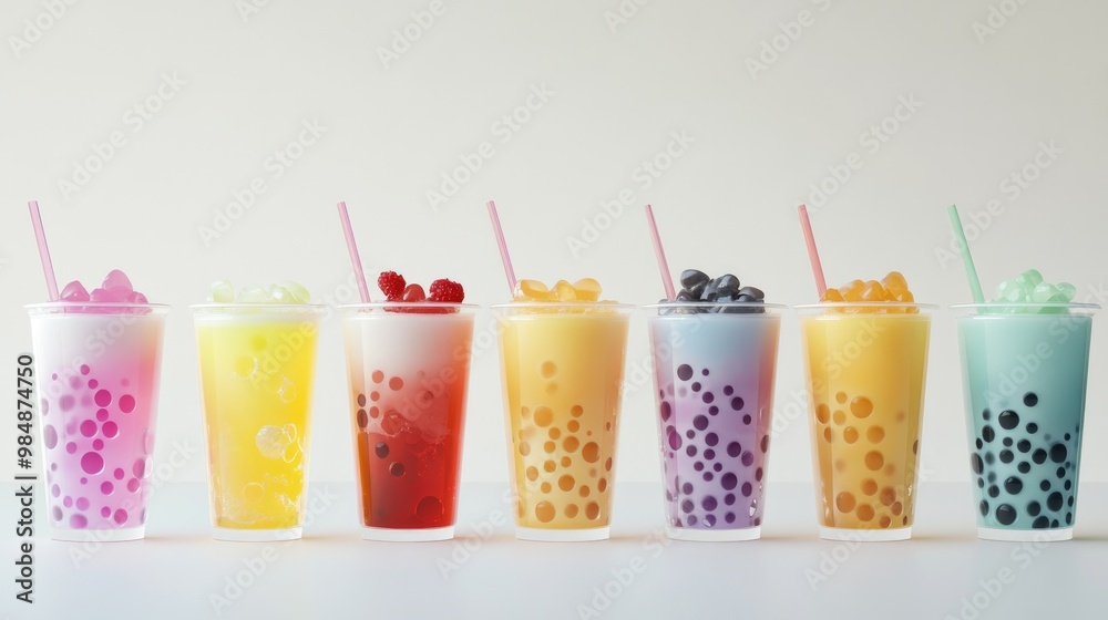 A stylish arrangement of multiple cups of bubble tea with different ...