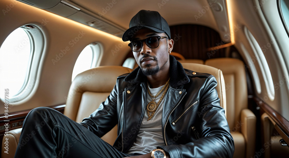 Portrait of an African American rapper sitting in the luxurious cabin ...