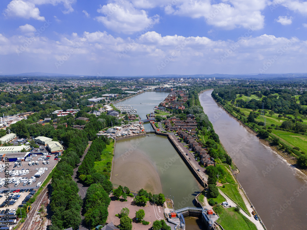 high level aerial view of the outer basin and lock gates to the re ...