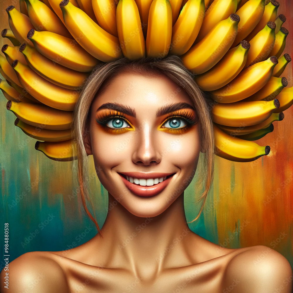Pretty girl with bananas over head. Young woman with tropical fruit ...