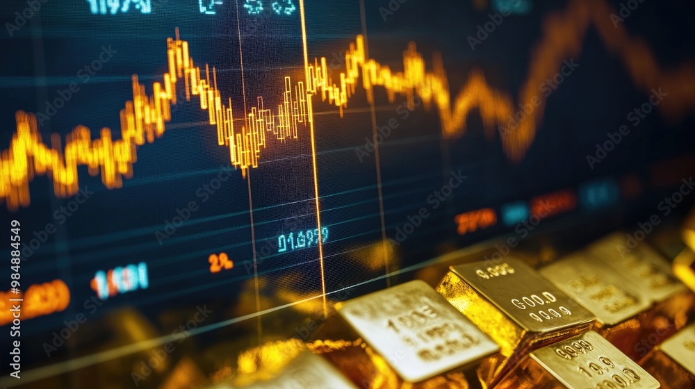 A vibrant image of a large monitor displaying a detailed gold price ...