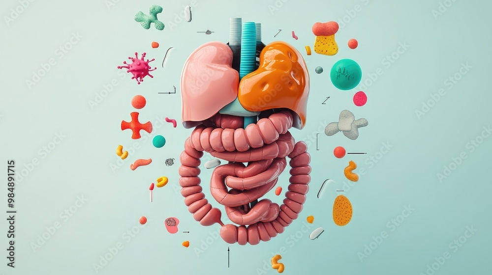 An educational illustration of the human digestive system, including ...