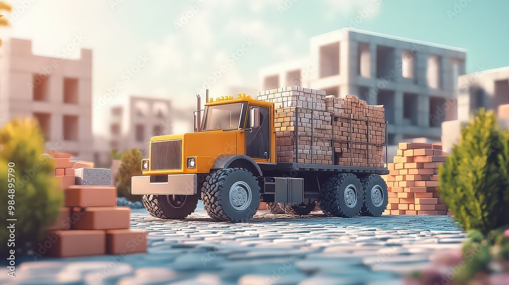 Yellow construction truck loaded with bricks in an outdoor worksite ...