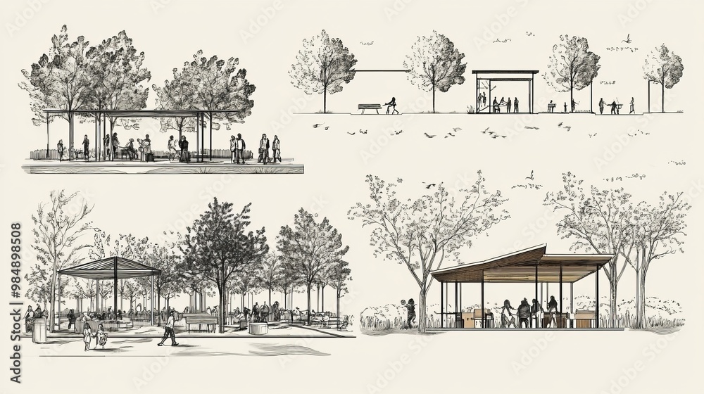 A set of vector architectural drawings depicting people in an outdoor ...