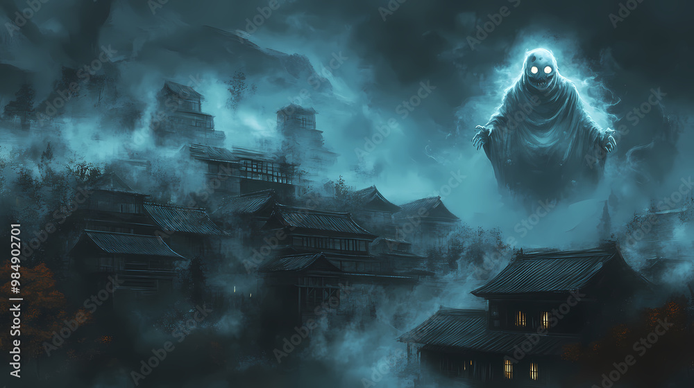 Traditional japanese yokai ghost with a haunting expression, floating ...
