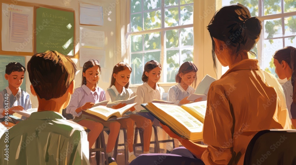 Students reading aloud in class, practicing their reading skills while ...