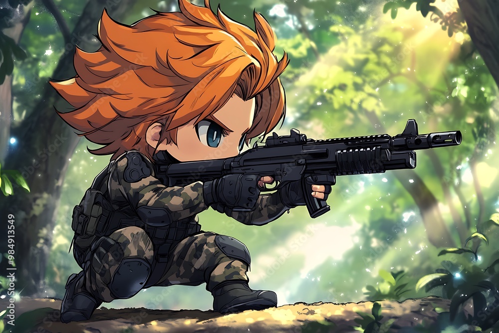 Cute chibi soldier with gun in forest, anime style illustration Stock ...