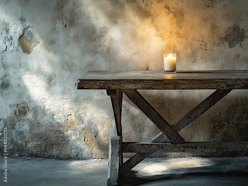 Antique Trestle Table in a minimalist setting, single candle flickering ...